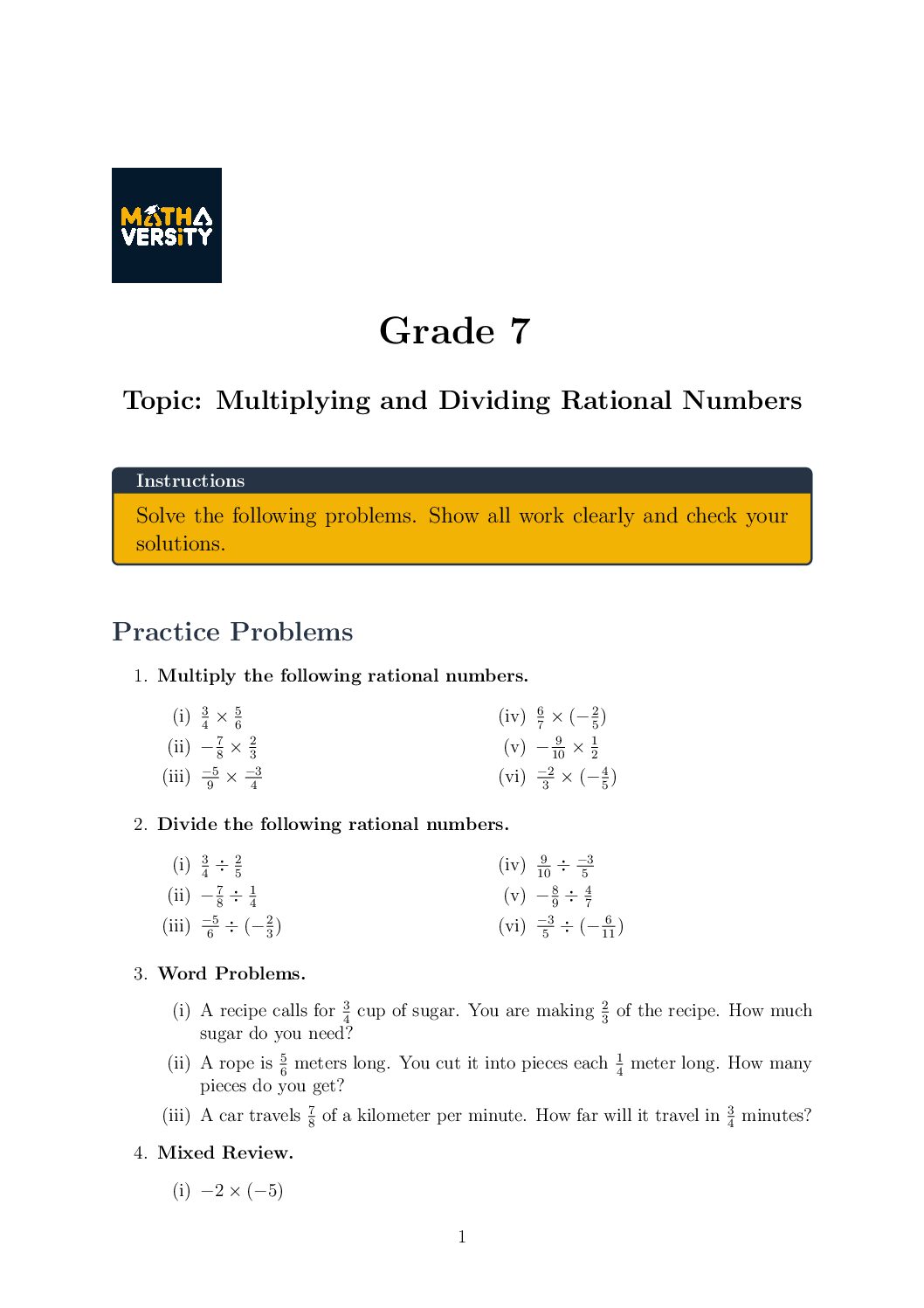 Multiplying And Dividing Rational Numbers Worksheet